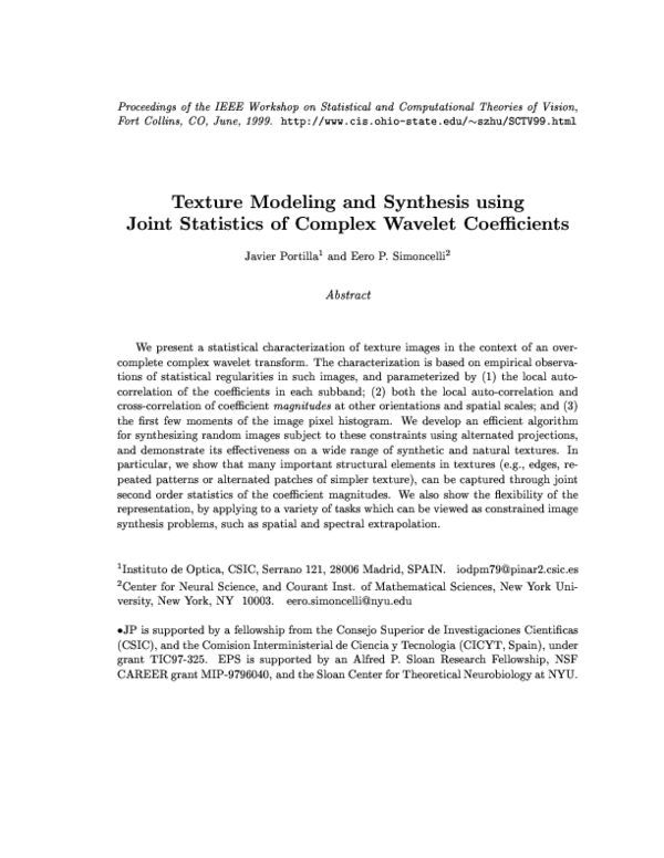 (PDF) Texture modeling and synthesis using joint statistics of complex wavelet coefficients