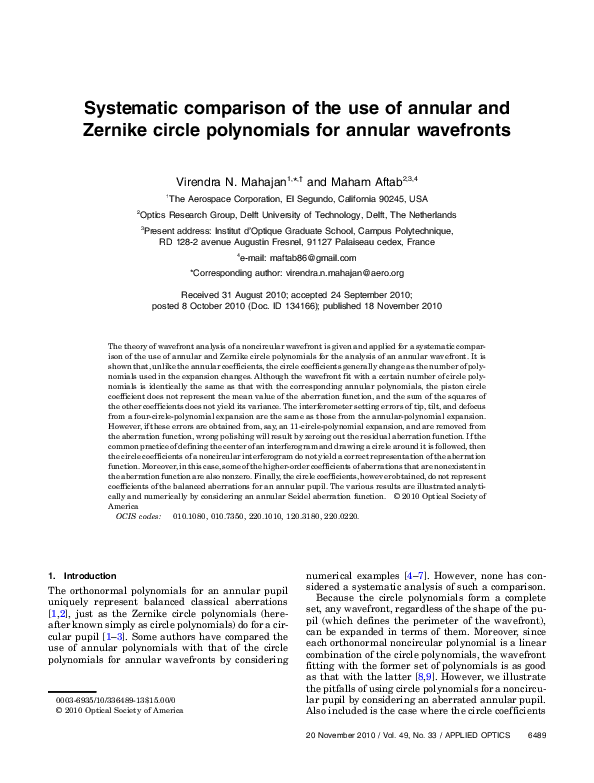 (PDF) Systematic comparison of the use of annular and Zernike circle polynomials for annular ...