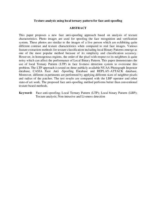(PDF) Texture analysis using local ternary pattern for face anti-spoofing