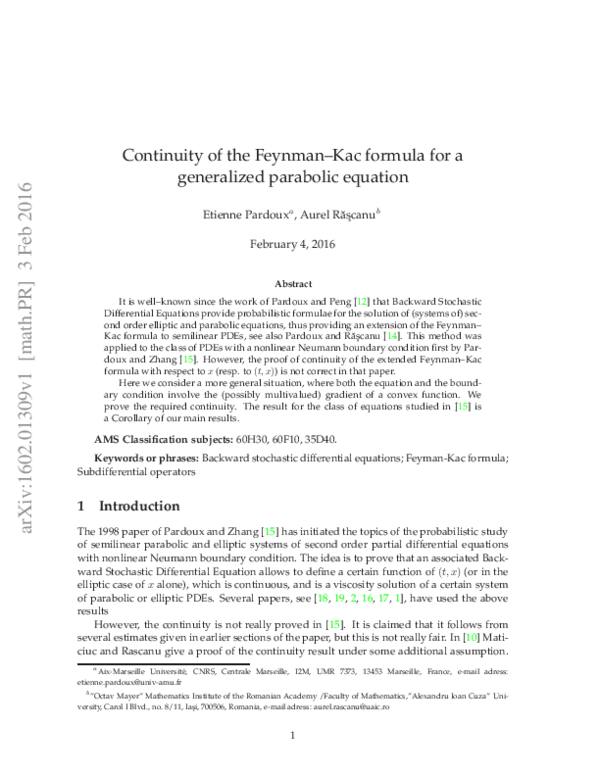 (PDF) Continuity of the Feynman–Kac formula for a generalized parabolic equation