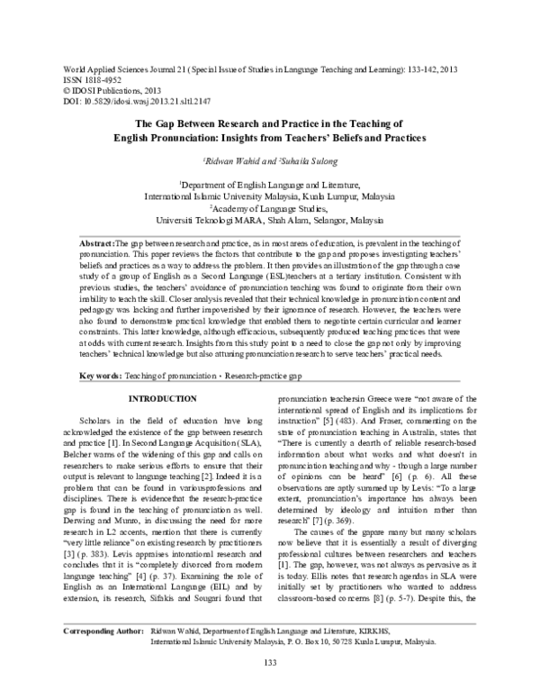 (PDF) The Gap Between Research and Practice in the Teaching ofEnglish Pronunciation: Insights ...