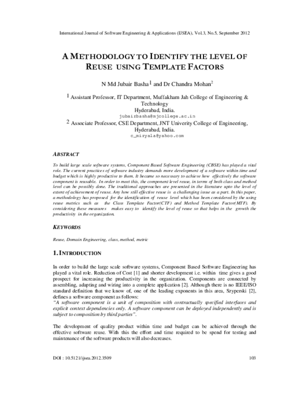 (PDF) A Methodology to Identify the Level of Reuse Using Template Factors | Jubair Basha ...