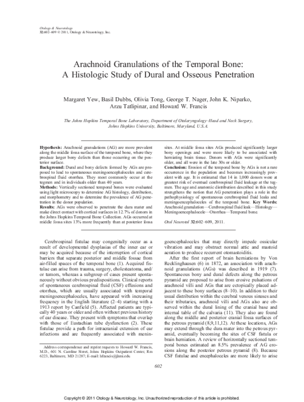 (PDF) Arachnoid Granulations of the Temporal Bone