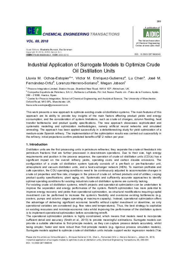 (PDF) Industrial application of surrogate models to optimize crude oil distillation units