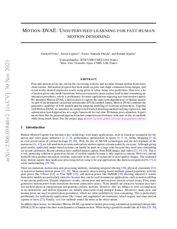 (PDF) Motion-DVAE: Unsupervised learning for fast human motion denoising