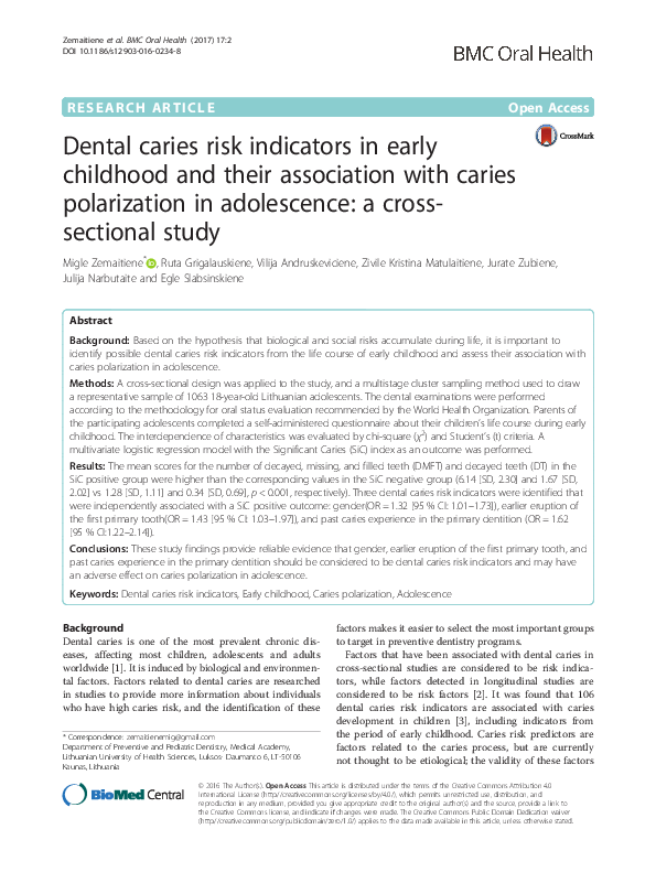 (PDF) Dental caries risk indicators in early childhood and their association with caries ...