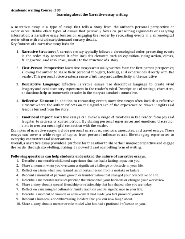 (PDF) Understanding the narrative essay writing samples questions