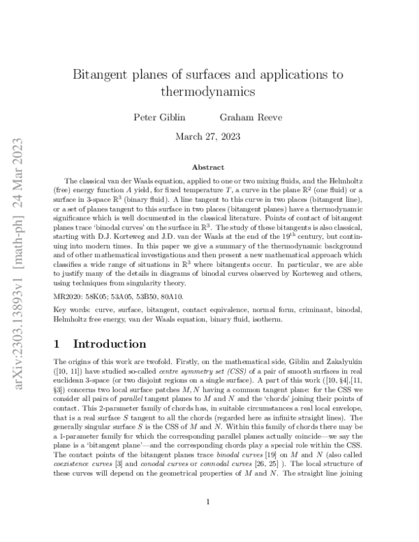 (PDF) Bitangent planes of surfaces and applications to thermodynamics