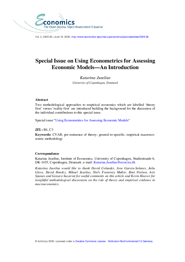 (PDF) 2009) : “Special issue on using econometrics for assessing economic models — an introduction