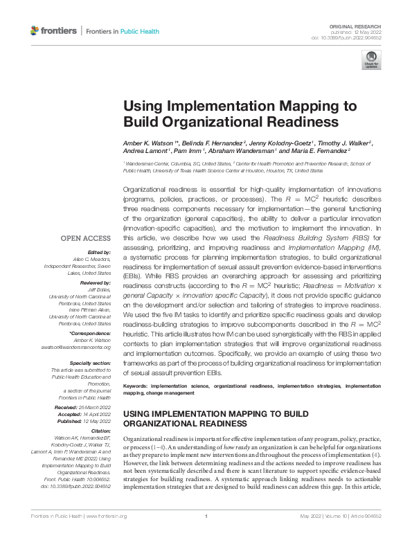 (PDF) Using Implementation Mapping to Build Organizational Readiness