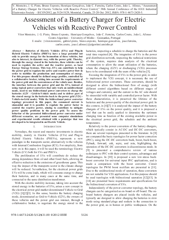 (PDF) Assessment of a battery charger for Electric Vehicles with ...