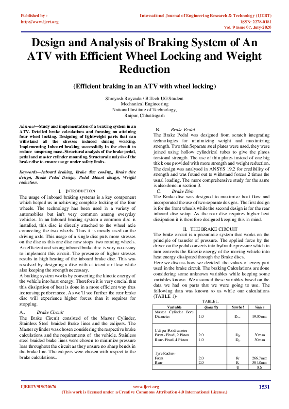 (PDF) Design and Analysis of Braking System of An ATV with Efficient ...