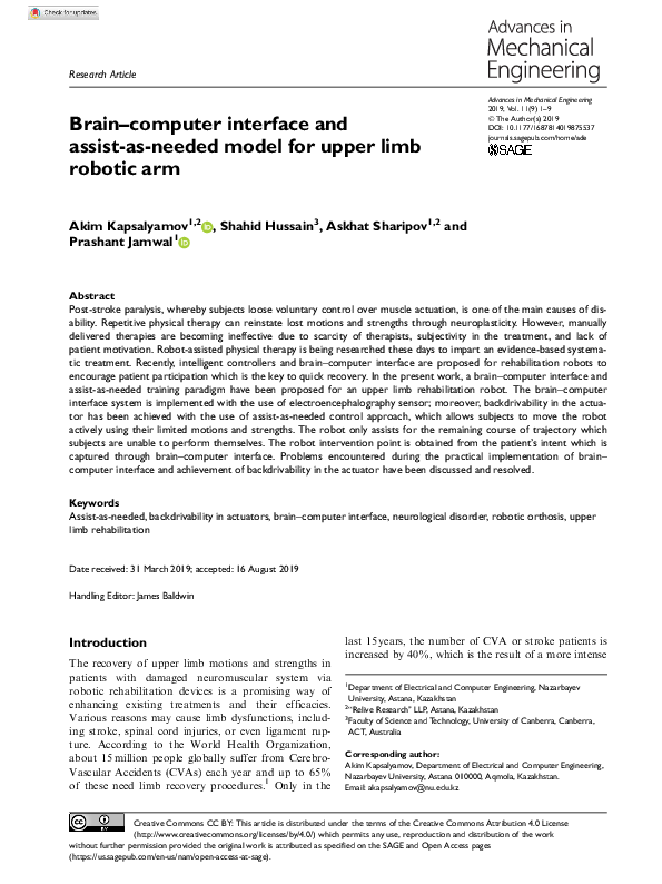 (PDF) Brain–computer interface and assist-as-needed model for upper limb robotic arm | Prashant ...