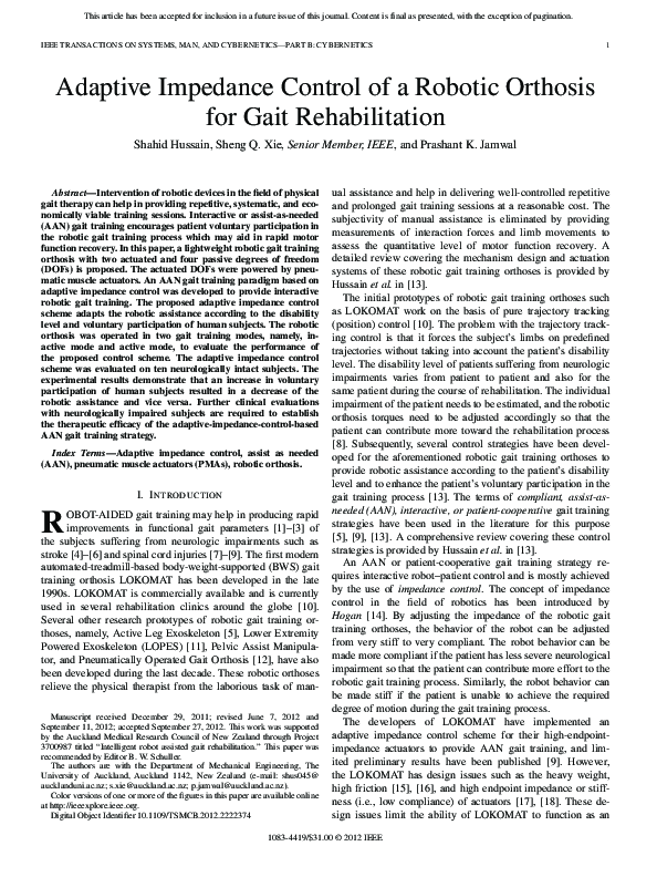 (PDF) Adaptive Impedance Control of a Robotic Orthosis for Gait ...