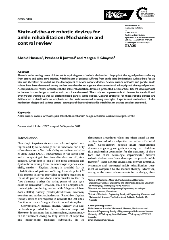 (PDF) State-of-the-art robotic devices for ankle rehabilitation: Mechanism and control review