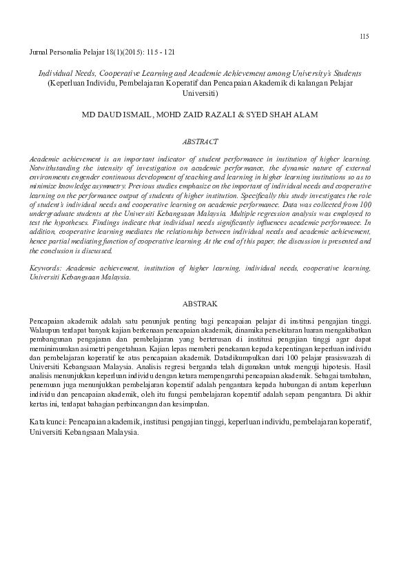 (PDF) Individual needs, cooperative learning and academic achievement among university’s students