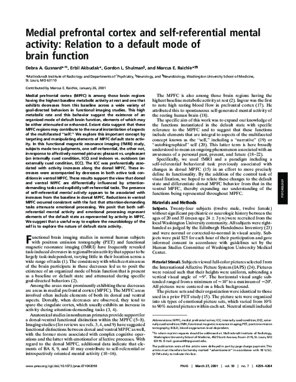 (PDF) Medial prefrontal cortex and self-referential mental activity: Relation to a default mode ...