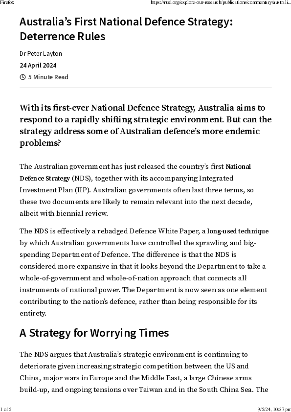 (PDF) Australia's First National Defence Strategy: Deterrence Rules
