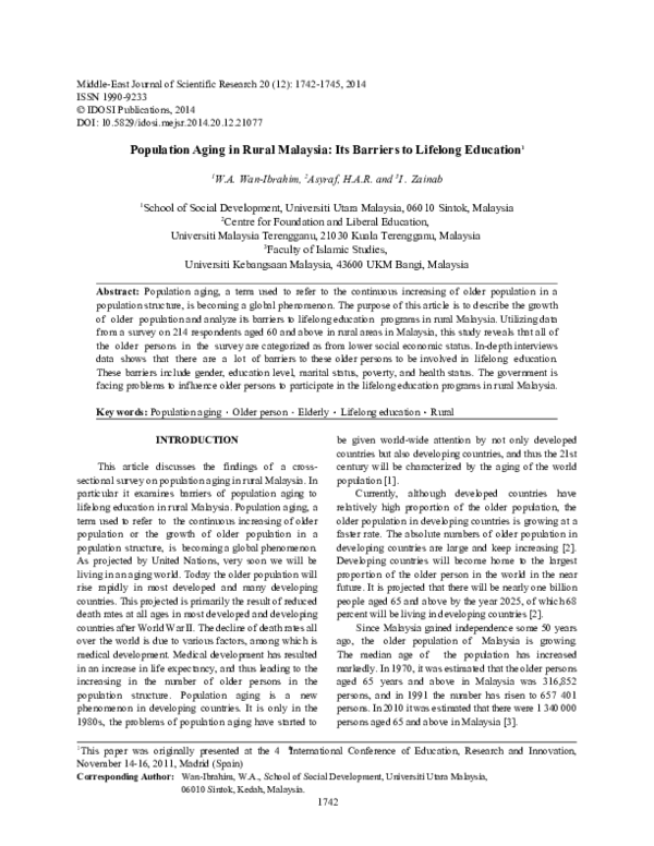 Pdf Population Aging In Rural Malaysia