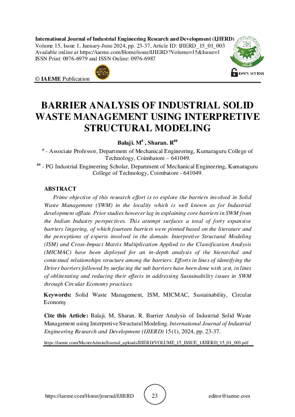(PDF) BARRIER ANALYSIS OF INDUSTRIAL SOLID WASTE MANAGEMENT USING INTERPRETIVE STRUCTURAL MODELING