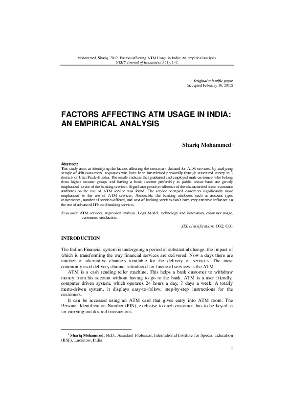 (PDF) Factors Affecting Atm Usage in India: An Empirical Analysis