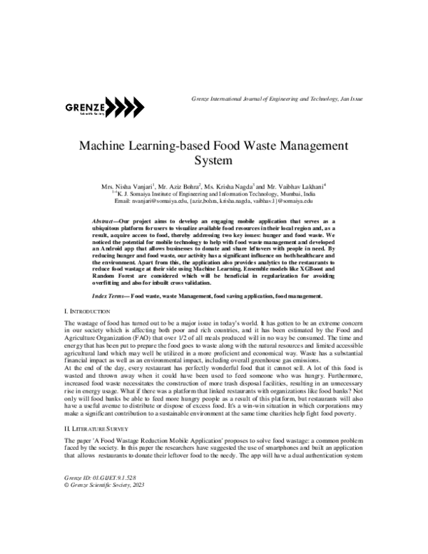 (PDF) Machine Learning-based Food Waste Management System