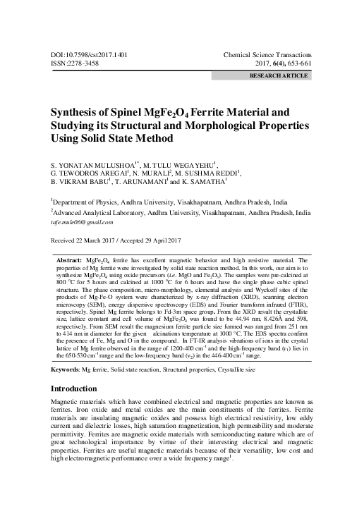 (PDF) Synthesis of Spinel MgFe2O4 Ferrite Material and Studying its Structural and Morphological ...