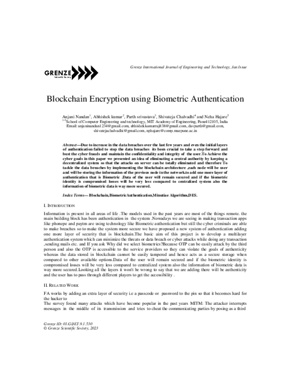 (PDF) Blockchain Encryption using Biometric Authentication