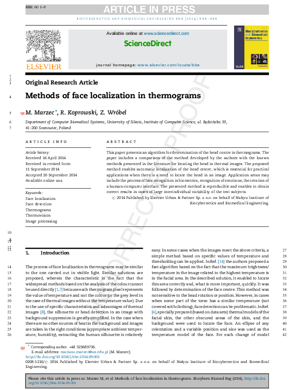 (PDF) Methods of face localization in thermograms | Zygmunt Wróbel ...