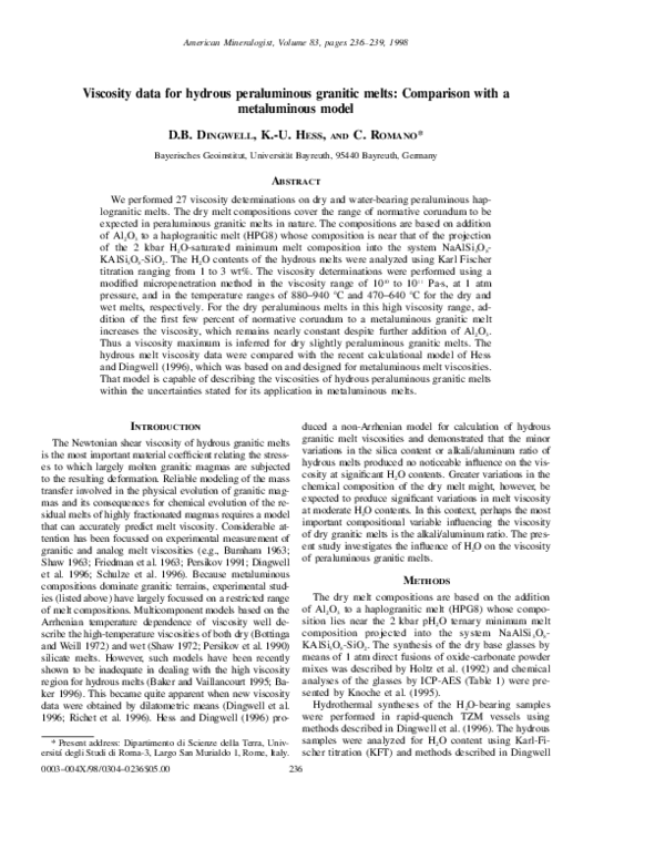 (PDF) Viscosity data for hydrous peraluminous granitic melts ...