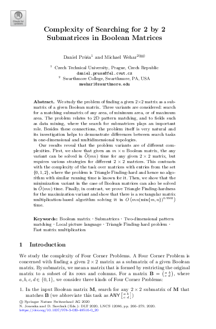 (PDF) Complexity of Searching for 2 by 2 Submatrices in Boolean Matrices