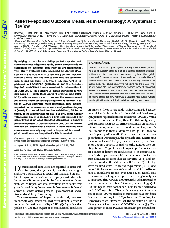 (PDF) Patient-Reported Outcome Measures in Dermatology: A Systematic Review