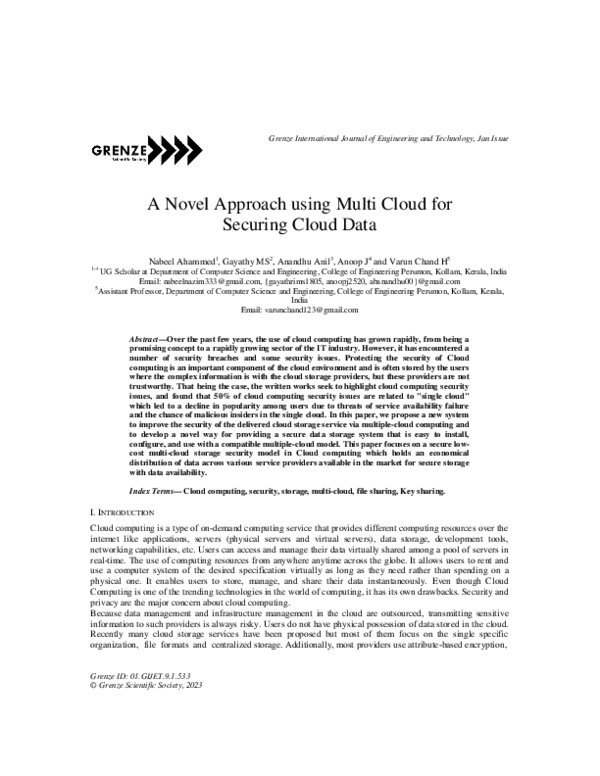 (PDF) A Novel Approach using Multi Cloud for Securing Cloud Data | Nabeel Ahammed, Grenze ...