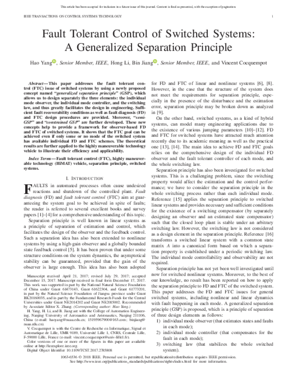 (PDF) Fault Tolerant Control of Switched Systems: A Generalized ...