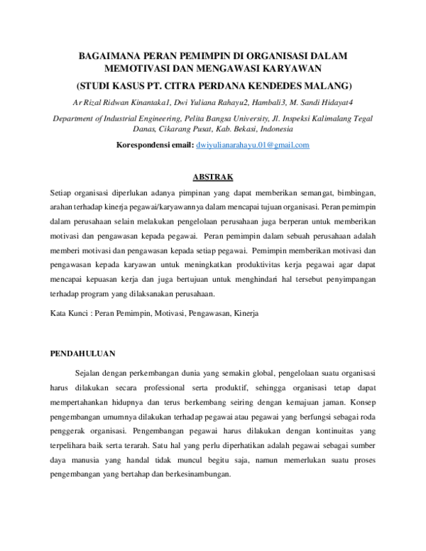 (PDF) BAGAIMANA PERAN PEMIMPIN DI ORGANISASI DALAM MEMOTIVASI DAN MENGAWASI KARYAWAN (STUDI ...