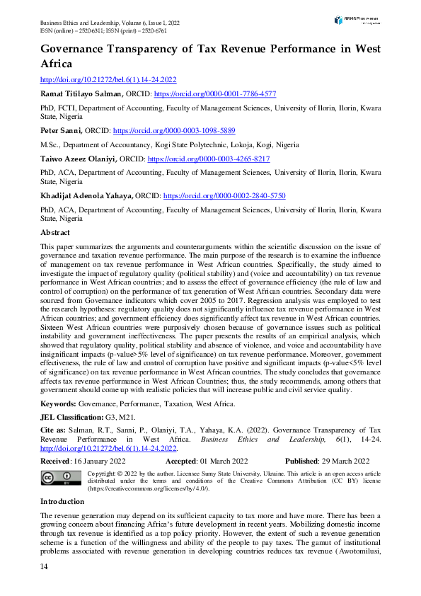 (PDF) Governance Transparency of Tax Revenue Performance in West Africa