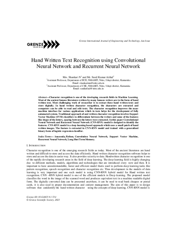 Pdf Hand Written Text Recognition Using Convolutional Neural Network And Recurrent Neural Network