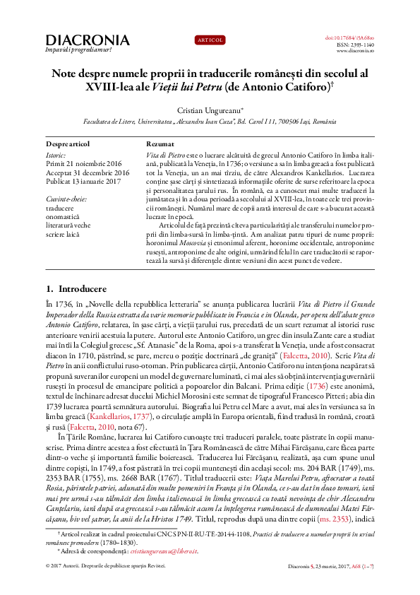(PDF) Note despre numele proprii în traducerile românești din secolul ...