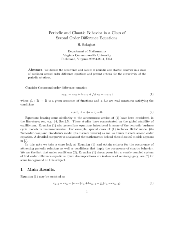 Pdf Periodic And Chaotic Behavior In A Class Of Second Order Difference Equations