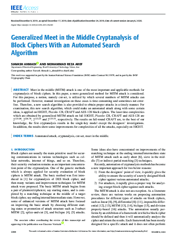 (PDF) Generalized Meet in the Middle Cryptanalysis of Block Ciphers With an Automated Search ...