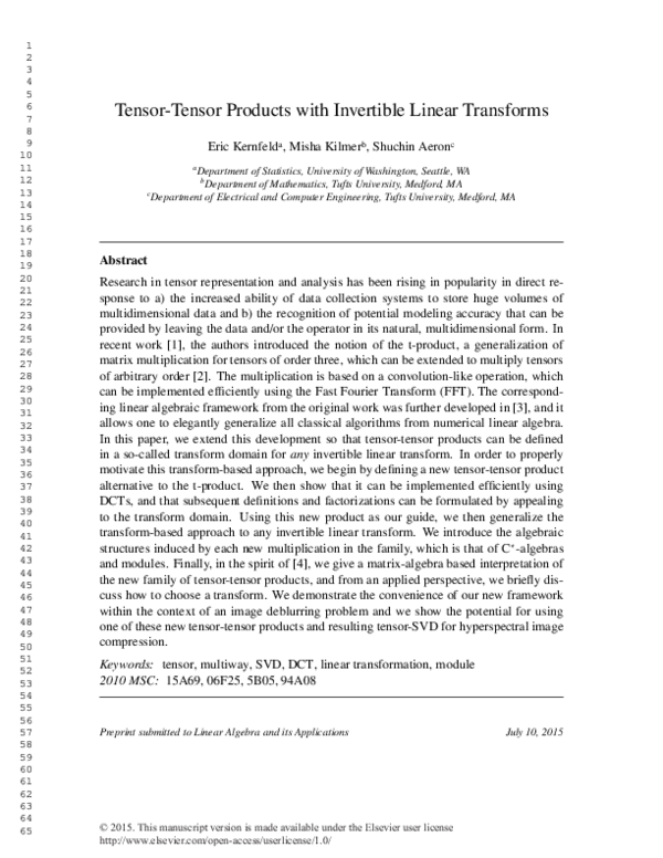 (PDF) Tensor–tensor products with invertible linear transforms