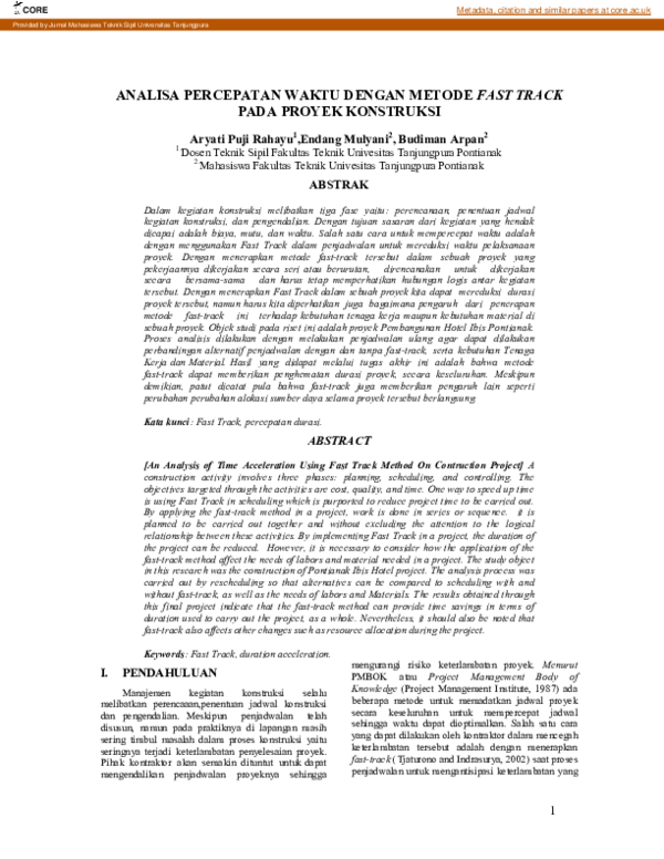 (PDF) Analisa Percepatan Waktu Dengan Metode Fast Track Pada Proyek ...