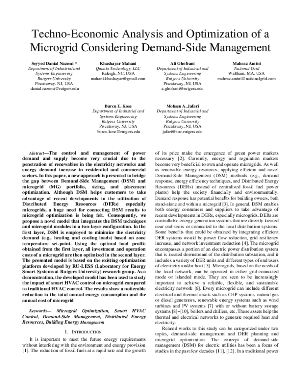 (PDF) Techno-Economic Analysis and Optimization of a Microgrid Considering Demand-Side Management