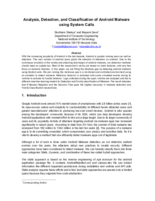 Pdf Analysis Detection And Classification Of Android Malware Using