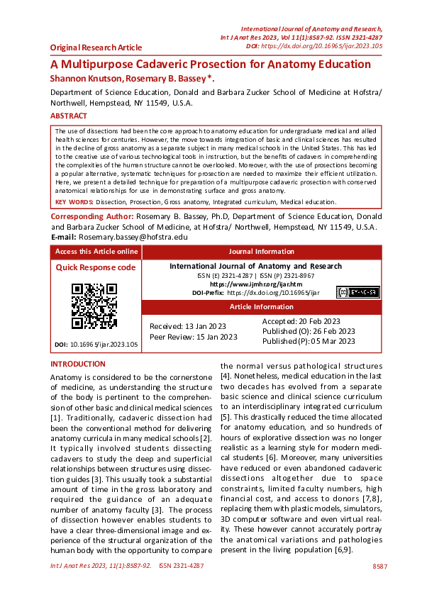(PDF) A Multipurpose Cadaveric Prosection for Anatomy Education