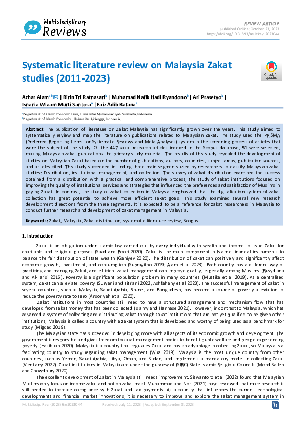 (PDF) Systematic literature review on Malaysia Zakat studies (2011-2023)