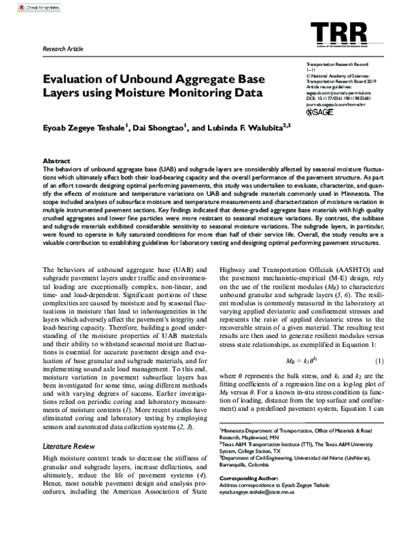 (PDF) Evaluation of Unbound Aggregate Base Layers using Moisture Monitoring Data