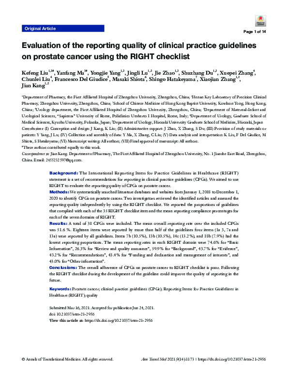 (PDF) Evaluation of the reporting quality of clinical practice guidelines on prostate cancer ...