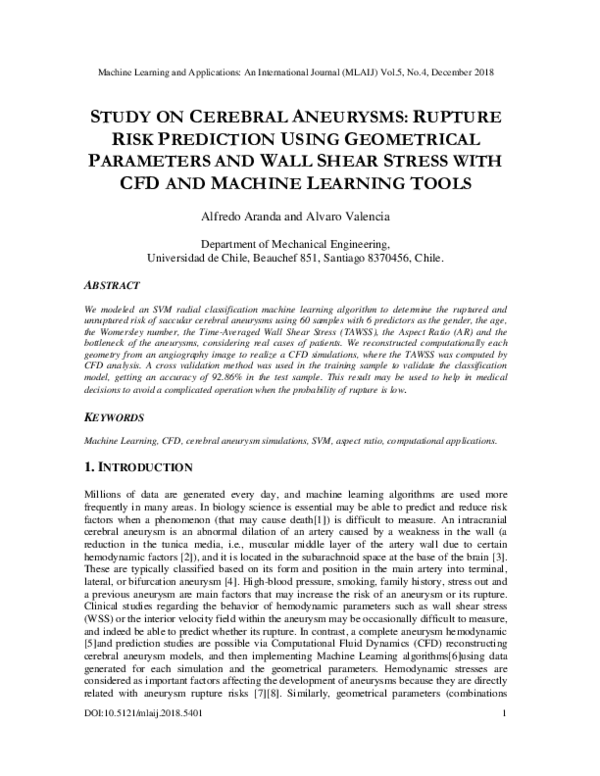 (PDF) Study on Cerebral Aneurysms: Rupture Risk Prediction Using ...