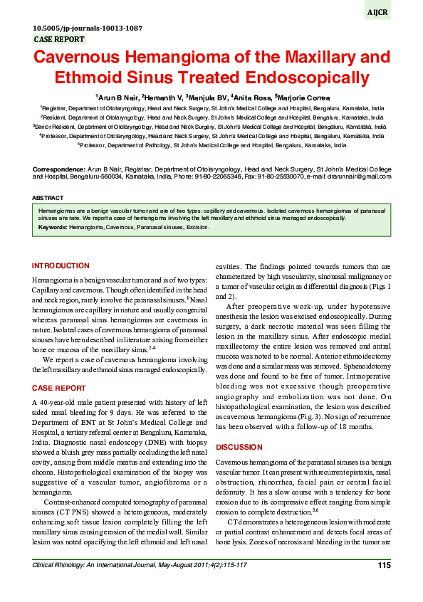 (PDF) Cavernous Hemangioma of the Maxillary and Ethmoid Sinus Treated ...